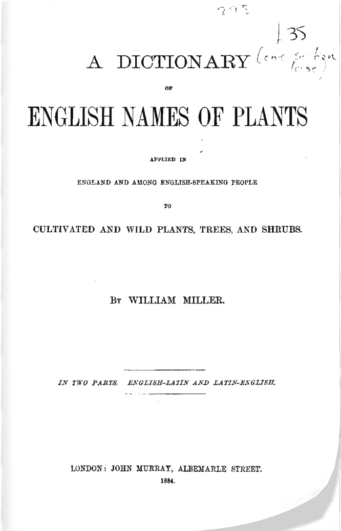 A Dictionary of english Names of Plants | William Miller | World Herb ...